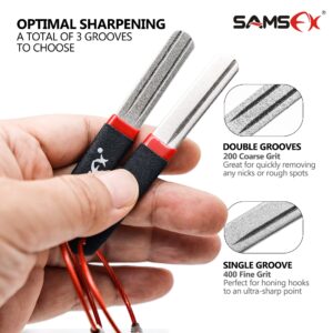 SAMSFX Fishing Hook Sharpener Hook File Portable Grinding Tool with Double Sided Fine and Medium Grit Fly Fishing Tools, 4inch (Black & Red Handle)