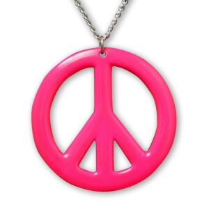 Real Metal Hot Pink Hippie Peace Sign Pendant Necklace Enamel on Pewter Cosplay Jewelry