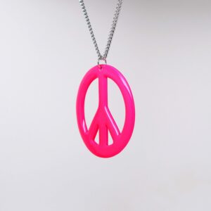 Real Metal Hot Pink Hippie Peace Sign Pendant Necklace Enamel on Pewter Cosplay Jewelry