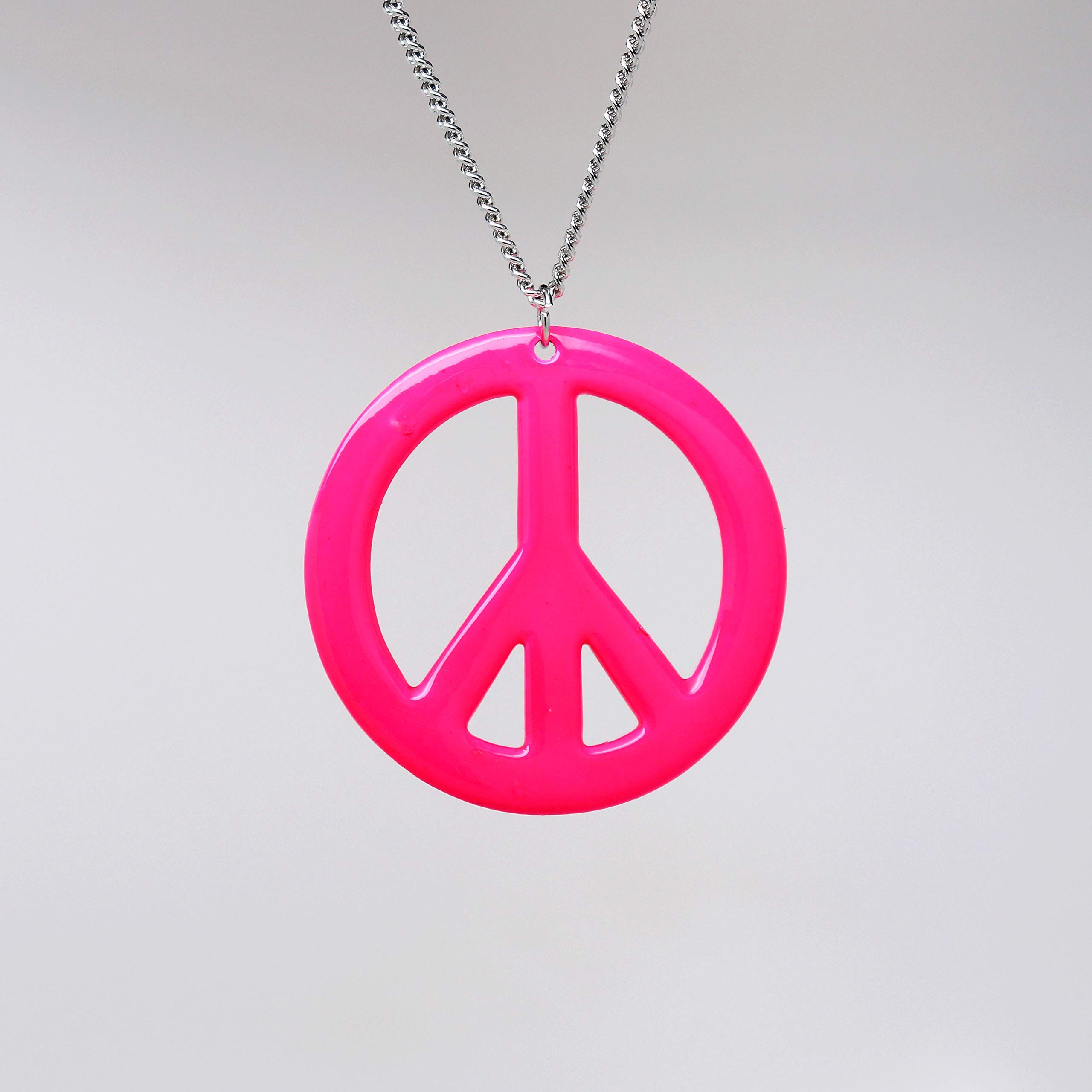 Real Metal Hot Pink Hippie Peace Sign Pendant Necklace Enamel on Pewter Cosplay Jewelry