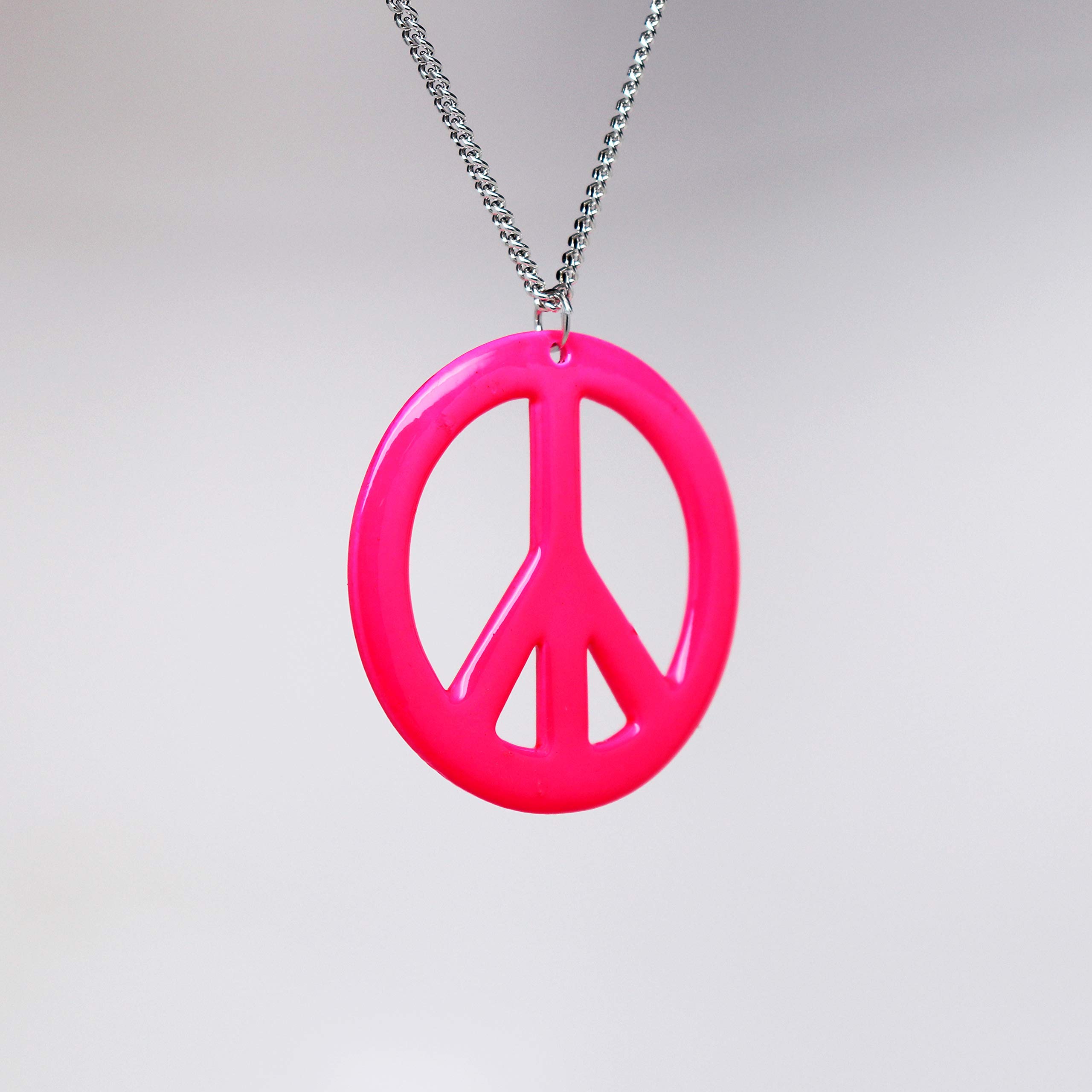 Real Metal Hot Pink Hippie Peace Sign Pendant Necklace Enamel on Pewter Cosplay Jewelry