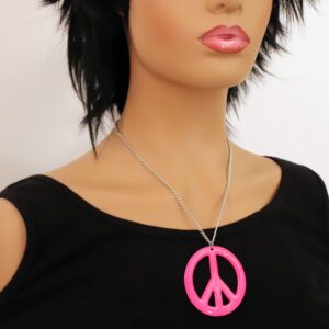 Real Metal Hot Pink Hippie Peace Sign Pendant Necklace Enamel on Pewter Cosplay Jewelry