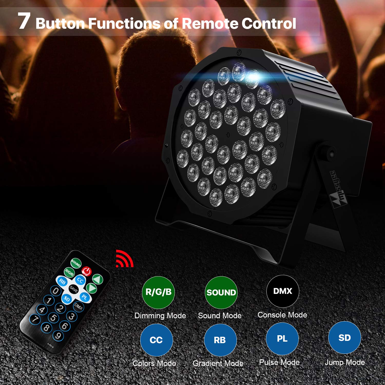 Missyee 36 RGB LED DJ Stage Uplight -DMX Control Sound Activated with Remote Control and 9 Modes LED for Wedding, Events, Christmas and Halloween Music Disco Party -R&D in USA -8 Pack