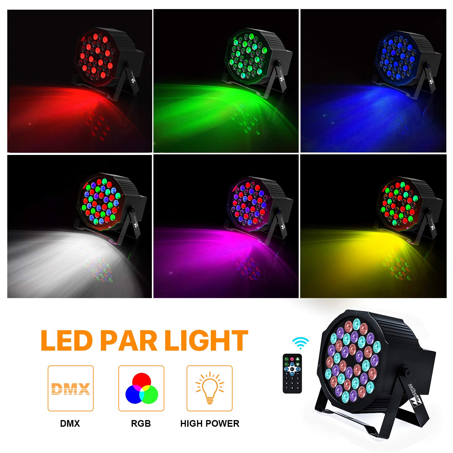 Missyee 36 RGB LED DJ Stage Uplight -DMX Control Sound Activated with Remote Control and 9 Modes LED for Wedding, Events, Christmas and Halloween Music Disco Party -R&D in USA -8 Pack