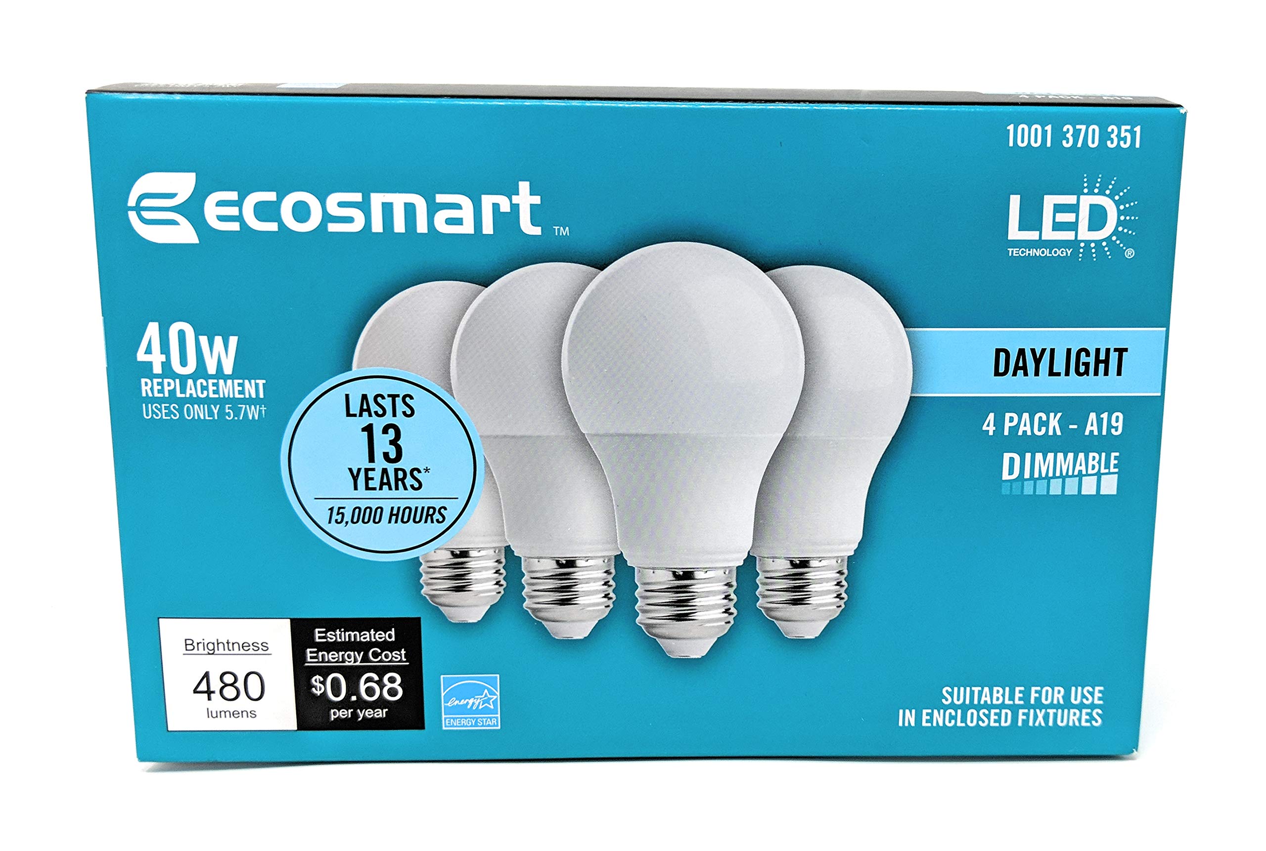 EcoSmart 40W Equivalent Daylight A19 Energy Star + Dimmable LED Light Bulb (4-Pack)