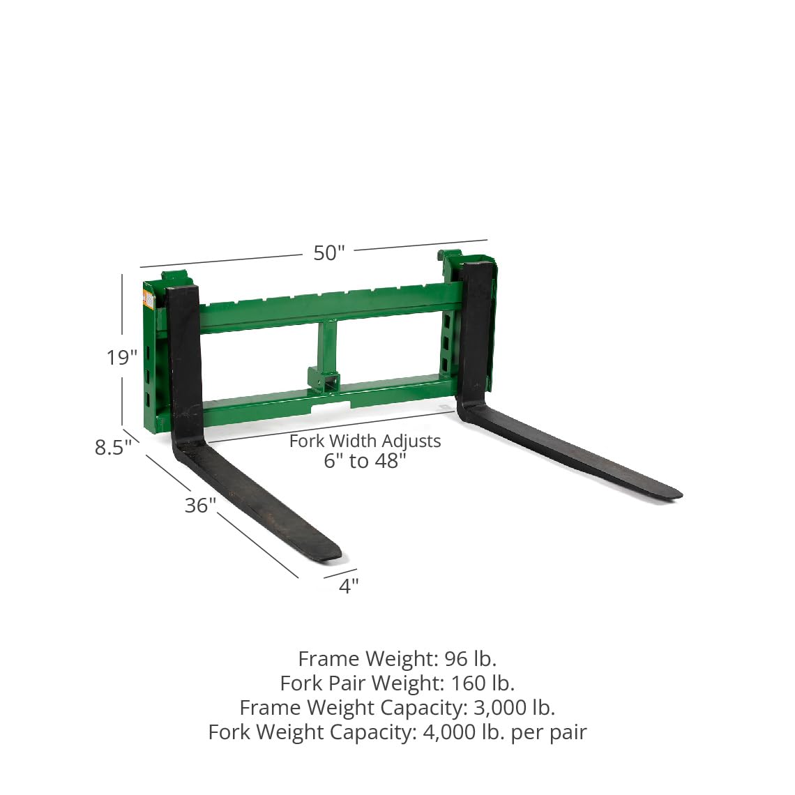 Titan Attachments Pallet Fork Attachment, 48â€ Fork Blades, Rated 3,000 LB, Receiver Hitch, Fits John Deere Loaders