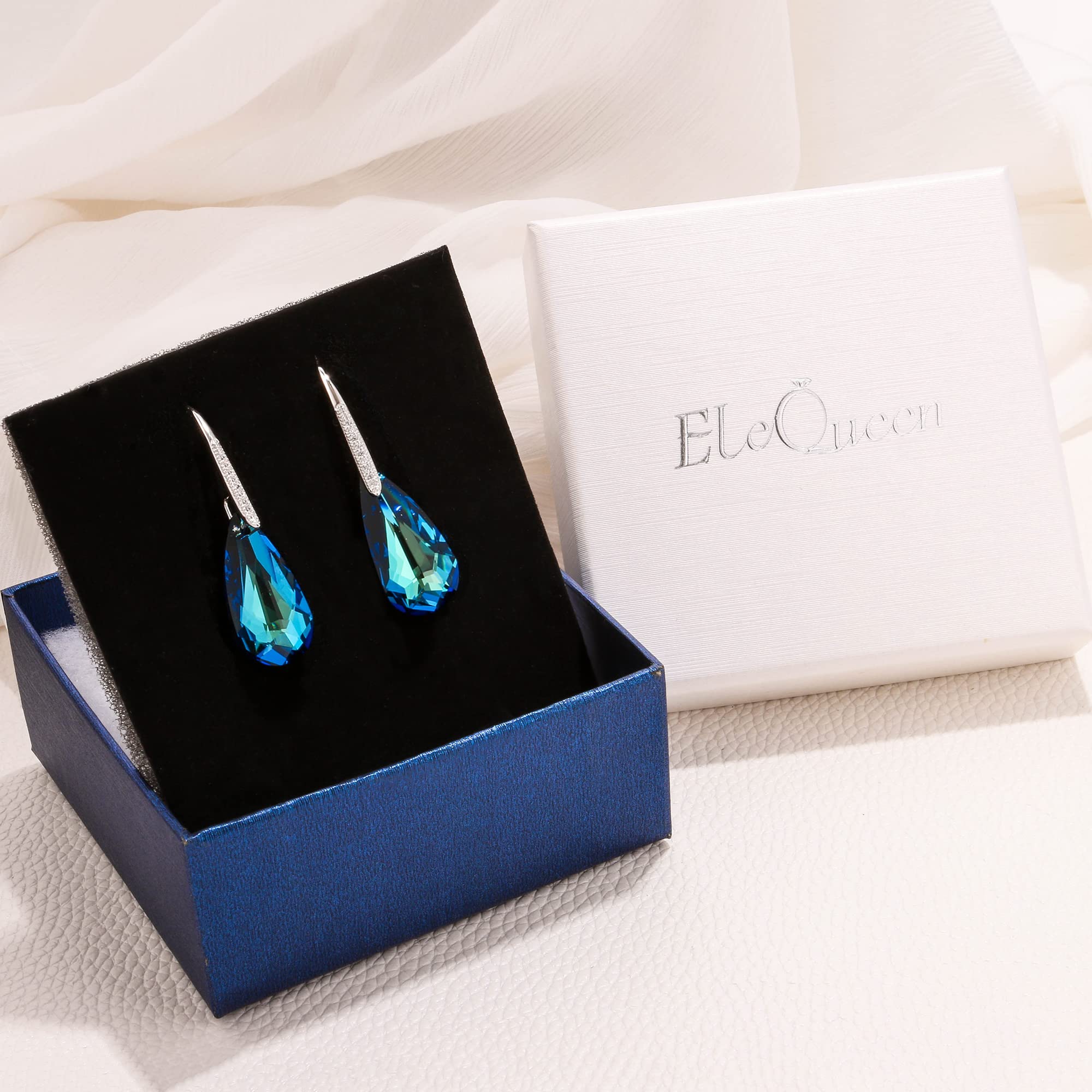 EleQueen 925 Sterling Silver CZ Teardrop Hook Dangle Earrings Bermuda Blue Made with Austrian Crystals, Valentine's Day/Mother's Day/Christmas Jewelry Gift