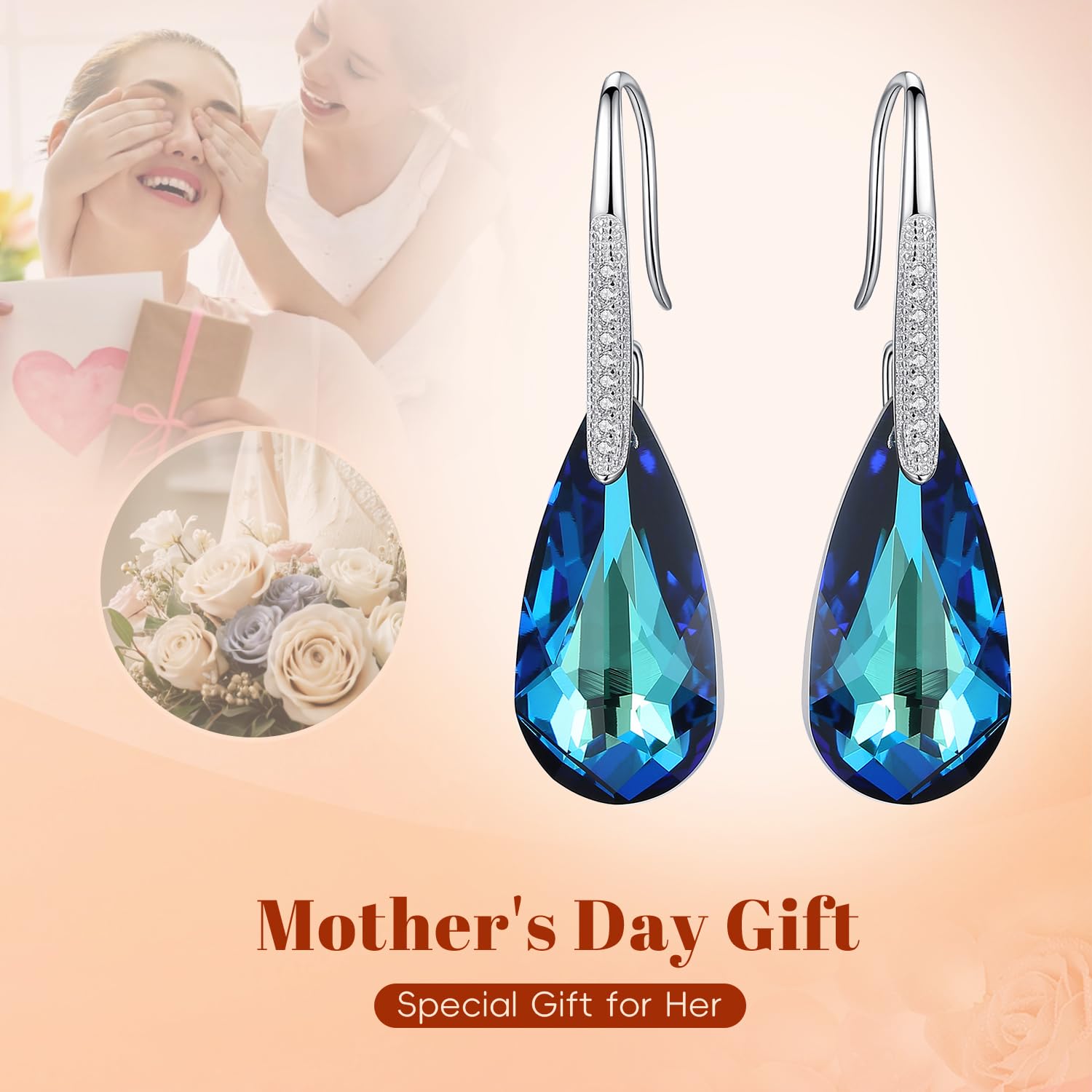 EleQueen 925 Sterling Silver CZ Teardrop Hook Dangle Earrings Bermuda Blue Made with Austrian Crystals, Valentine's Day/Mother's Day/Christmas Jewelry Gift