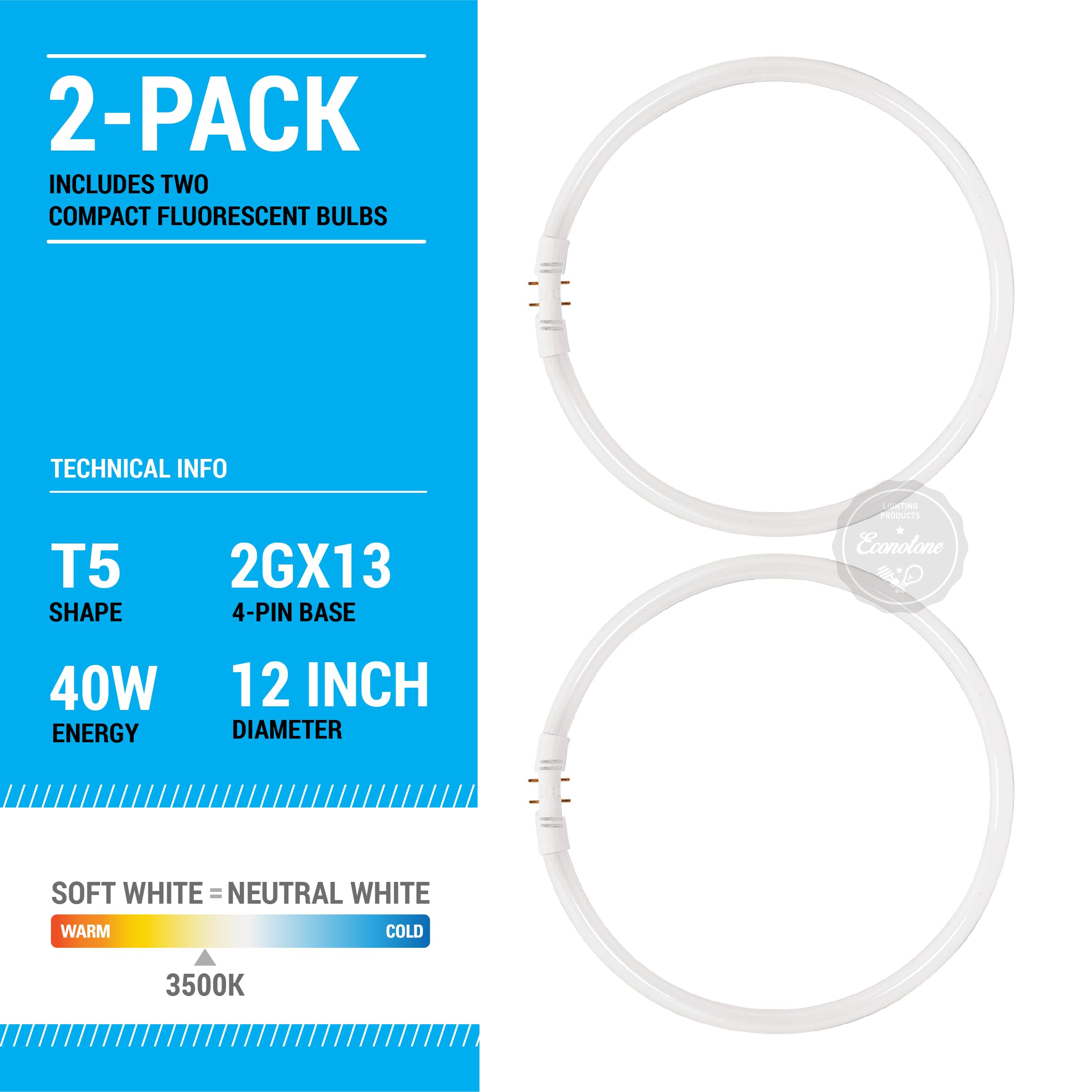 KOR (Pack of 2) FC40T5/-12 T5 Flurescent Circline - 40 Watt - 2GX13 Base - (FC12T5) (3500K - (Neutral White))