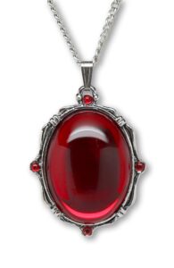 blood red oval stone in silver finish pewter frame pendant necklace