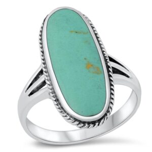 large long simulated turquoise solitaire ring new .925 sterling silver band size 12