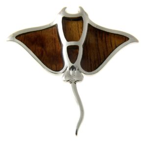 arthur's jewelry koa wood hawaiian manta ray fish rhodium silver plated brass slide pendant