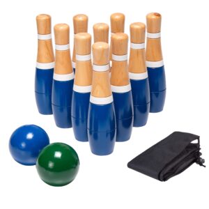 13-piece wood bowling set - indoor/outdoor bowling game for adults and kids ages 3 and up - 10 wood pins, 2 balls, and carrying bag by hey play (blue)