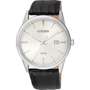 citizen quartz mens watch, stainless steel with leather strap, casual, black (model: bi5000-01a)