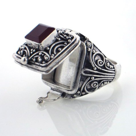 Square Genuine Garnet Poison Locket Box Sterling Silver Ring Size 10(Sizes 4,5,6,7,8,9,10)