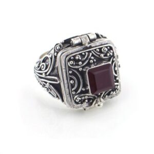 Square Genuine Garnet Poison Locket Box Sterling Silver Ring Size 10(Sizes 4,5,6,7,8,9,10)