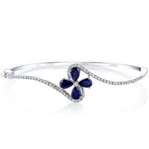 peora created blue sapphire blue topaz daisy bangle bracelet for women 925 sterling silver, 2 carats total pear shape 6x4mm, 2.25 inches diameter