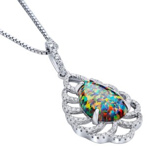 PEORA Created Black Fire Opal Vintage Teardrop Pendant Necklace for Women 925 Sterling Silver, Large 2.75 Carats total Pear Shape 15x10mm, with 18 inch Chain