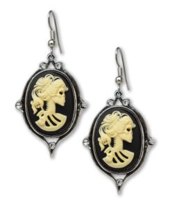 gothic lolita skull cameo ivory on black dangle earrings with austrian crystals