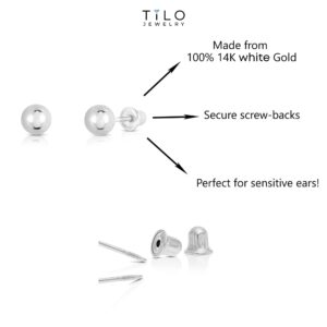 14k White Gold Ball Stud Earrings with Secure Screw-backs (3mm)