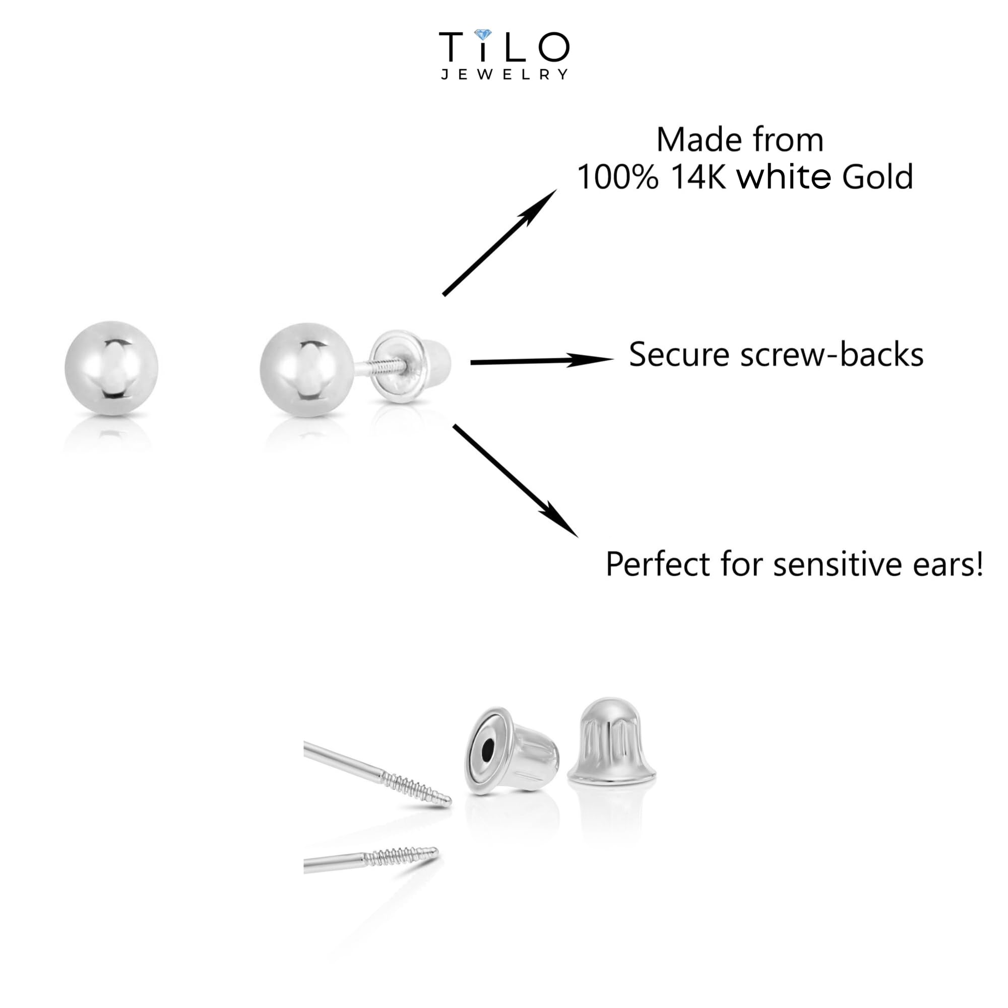 14k White Gold Ball Stud Earrings with Secure Screw-backs (3mm)