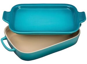 le creuset stoneware rectangular dish with platter lid, 14 3/4" x 9", caribbean