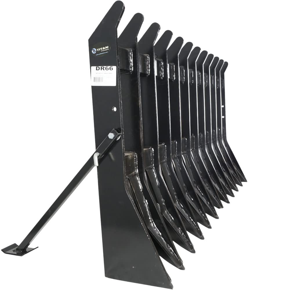 Titan Attachments Skid Steer Root Rake Attachment 66in Wide, Universal Quick Tach Hookup, Root Clearing Brush Rake, Land Clearing Site Prep Implement, Roll Debris, Silage, Brush to Burn Pile