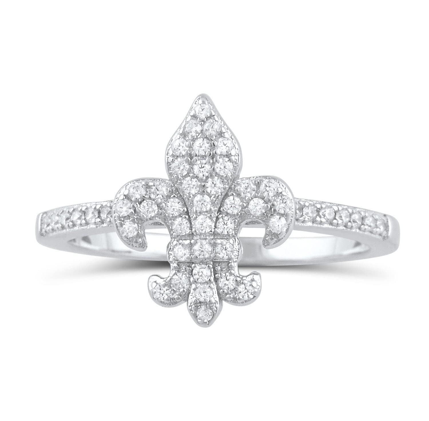 SILVERCLOSEOUT Rhodium Plated Sterling Silver Womens Cz Cubic Zirconia Fleur De Lis Loyalty Ring - Size 6