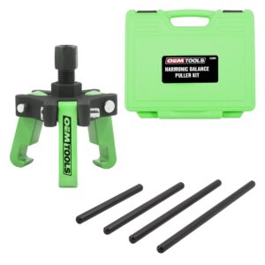 oemtools 25090 harmonic balancer puller kit, adjustable 3-jaw puller fits most late model automobiles & trucks, forcing screw fits a 3/8” square drive, includes 4 forcing rods, 6 piece