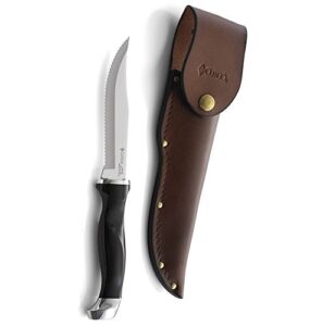 cutco model 1769 hunting knife with leather sheath and 5-3/8" double-d serrated blade (classic black handle)