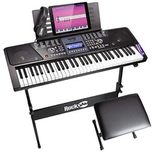 rockjam 61 key keyboard piano with lcd display kit, stand, bench, headphones, simply app & keynote stickers