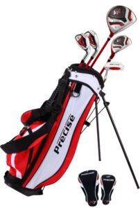 distinctive left handed junior golf club set for age 6 to 8 (height 3'8" to 4'4") set includes: driver (15"), hybrid wood (22*), 2 irons, putter, bonus stand bag & 2 headcovers