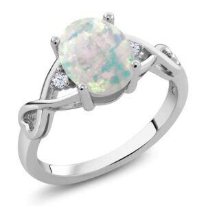 gem stone king 925 sterling silver cabochon white simulated opal ring for women (0.69 cttw, oval birthstone available 5,6,7,8,9) (size 7)