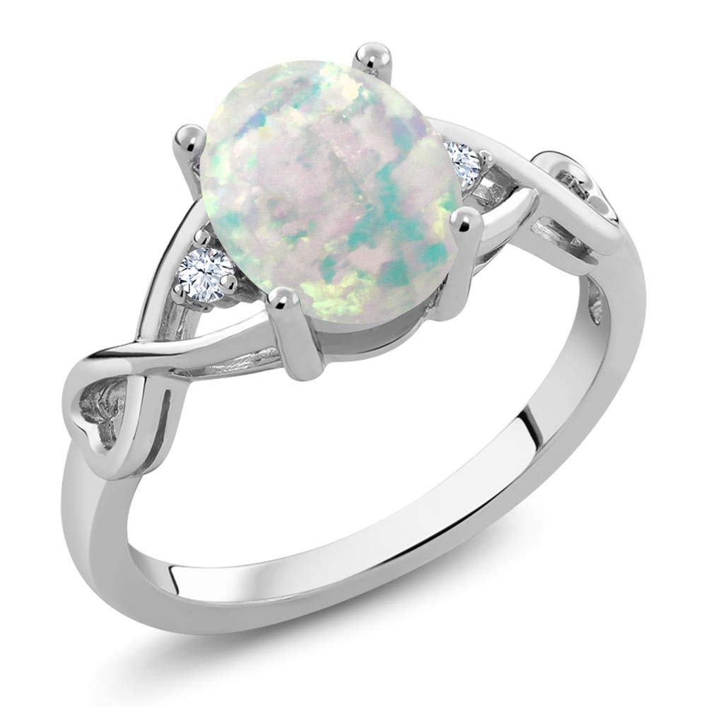 Gem Stone King 925 Sterling Silver Cabochon White Simulated Opal Ring For Women (0.69 Cttw, Oval Birthstone Available 5,6,7,8,9) (Size 7)