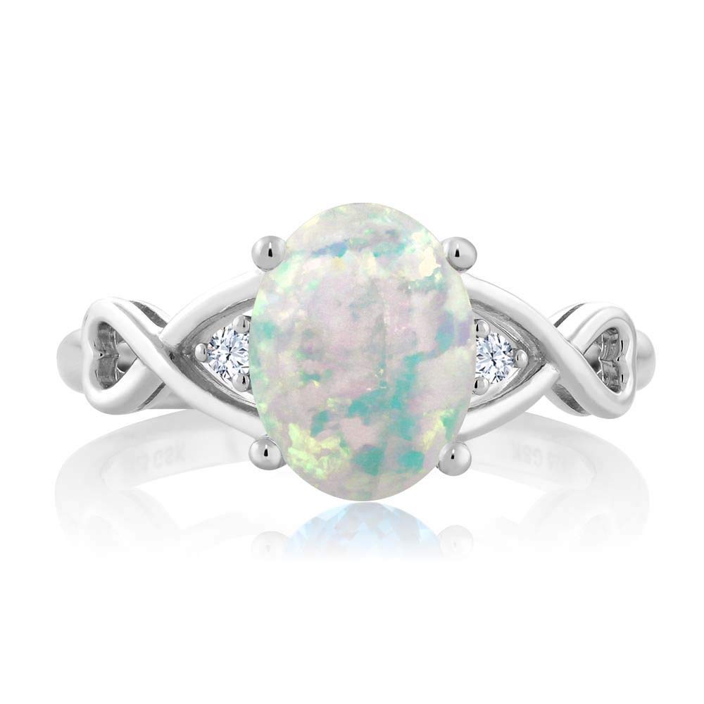 Gem Stone King 925 Sterling Silver Cabochon White Simulated Opal Ring For Women (0.69 Cttw, Oval Birthstone Available 5,6,7,8,9) (Size 7)