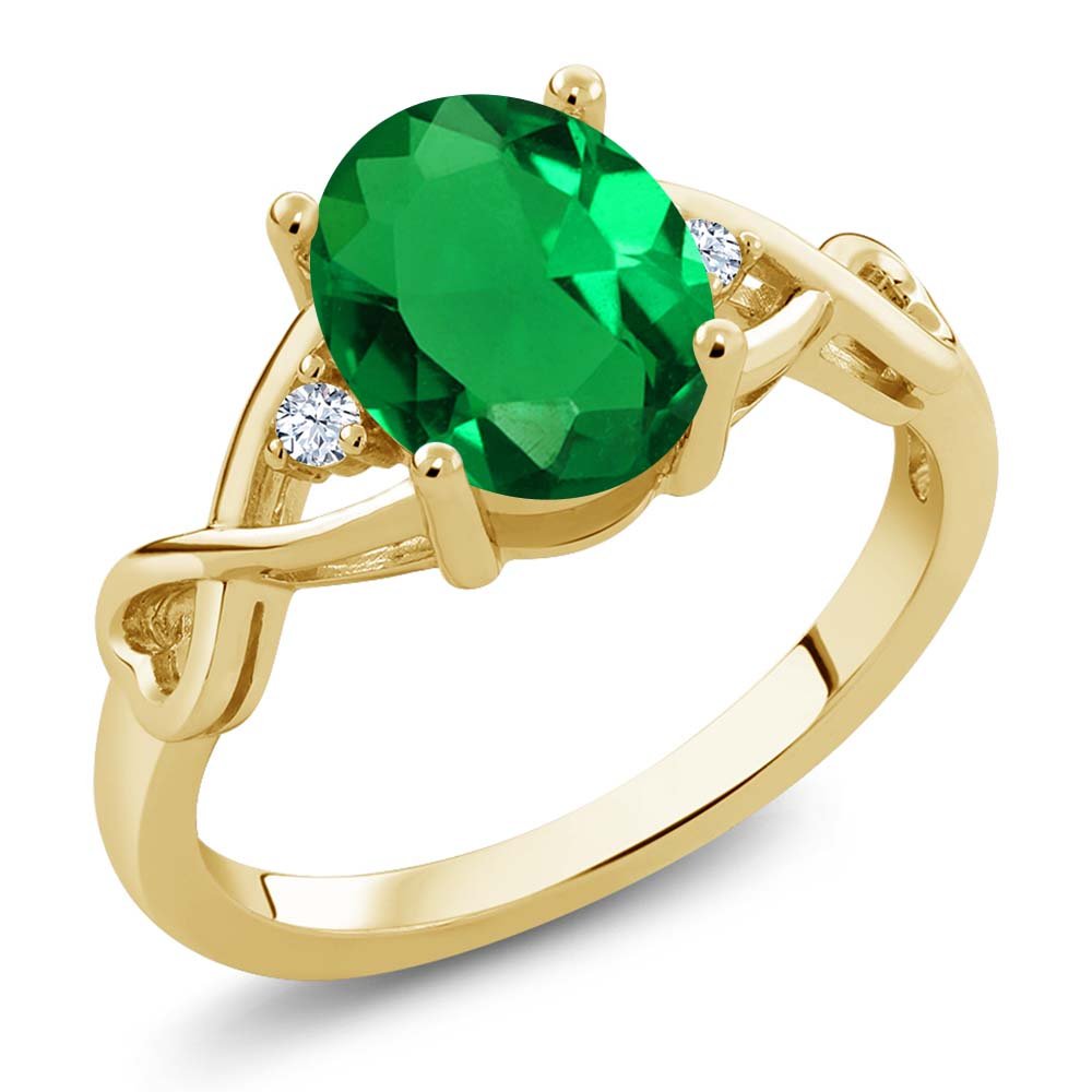 Gem Stone King 1.55 Cttw 18K Yellow Gold Plated Silver Green Simulated Emerald and White Topaz Ring For Women | Oval 9X7MM | Available in size 5, 6, 7, 8, 9