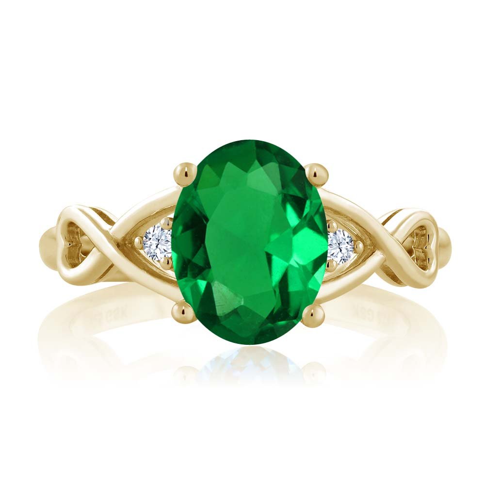 Gem Stone King 1.55 Cttw 18K Yellow Gold Plated Silver Green Simulated Emerald and White Topaz Ring For Women | Oval 9X7MM | Available in size 5, 6, 7, 8, 9