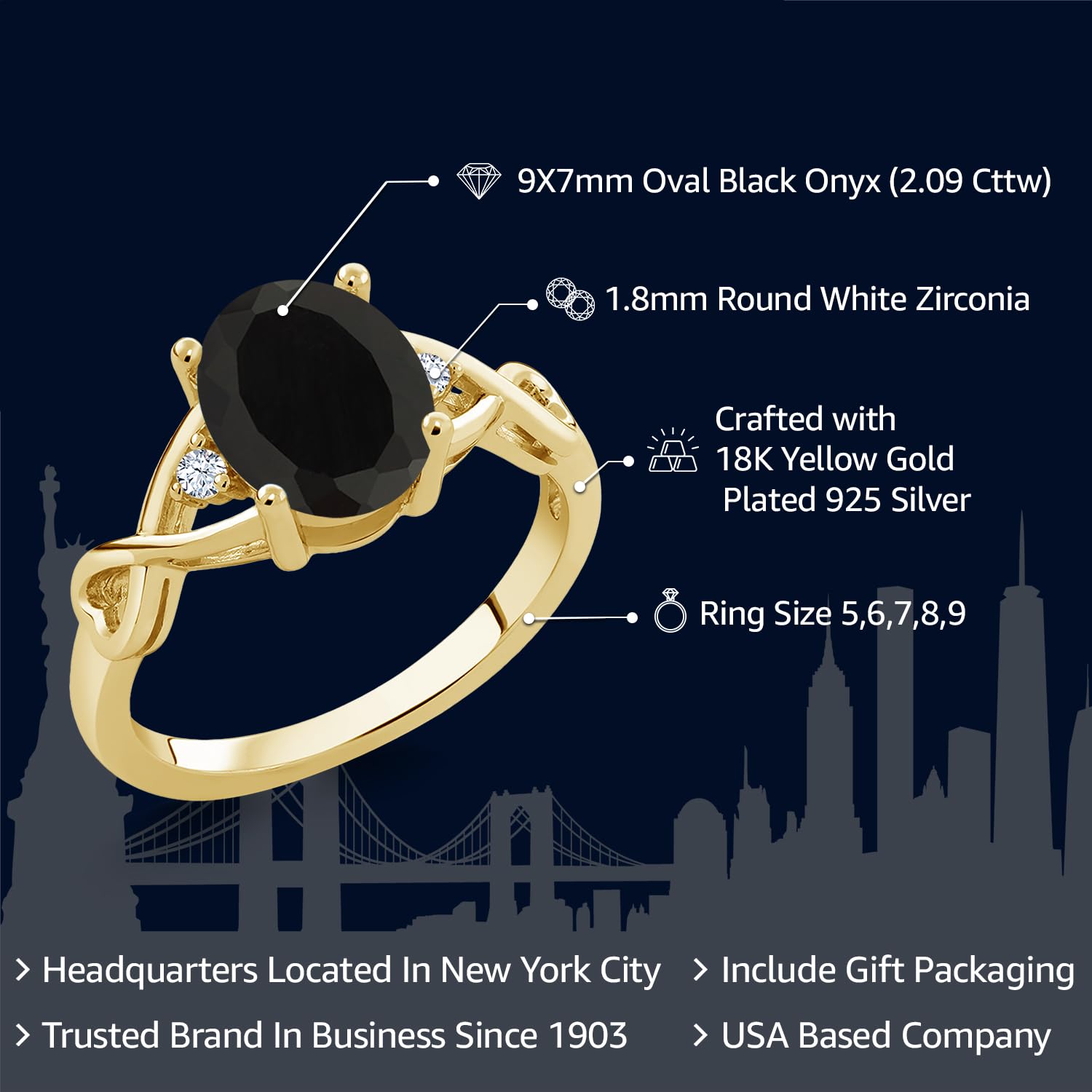 Gem Stone King 18K Yellow Gold Plated Silver Black Onyx Ring For Women (2.09 Cttw, Oval 9X7MM, Gemstone Birthstone, Available in size 5, 6, 7, 8, 9)