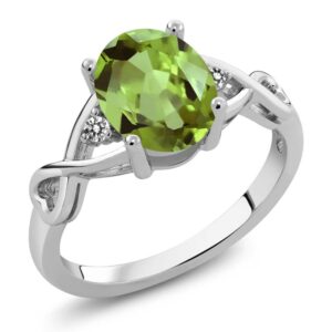 Gem Stone King 925 Sterling Silver Green Peridot and White Diamond 3 Stone Ring For Women (1.86 Cttw, Gemstone Birthstone, Available In Size 5, 6, 7, 8, 9)