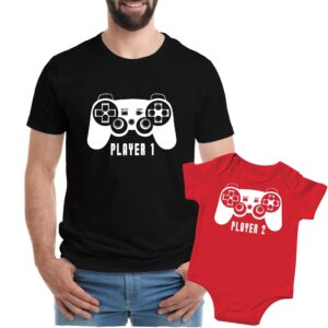 texas tees player 1 player 2 matching shirts for father and son,player 1, player 2 - black & red,mens (small) & 0-3 month