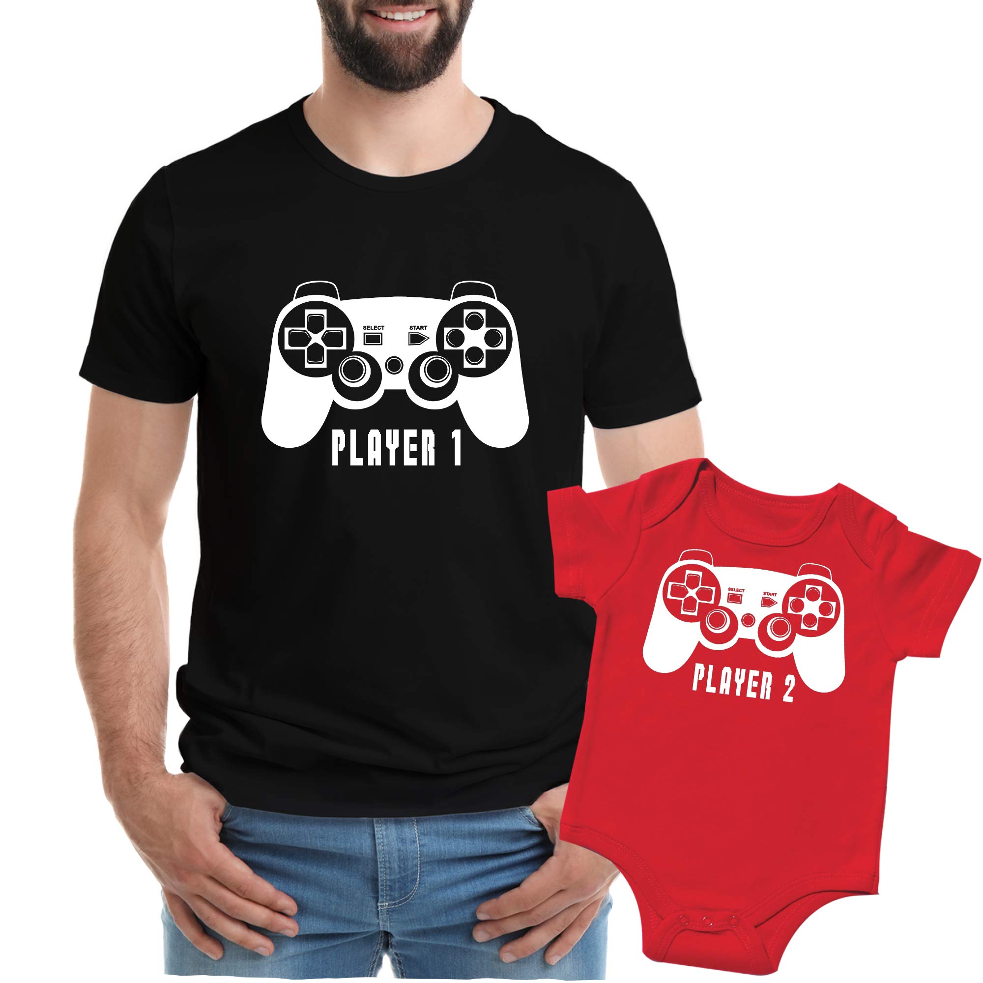 Texas Tees Player 1 Player 2 Matching Shirts for Father and Son,Player 1, Player 2 - Black & Red,Mens (Small) & 0-3 Month