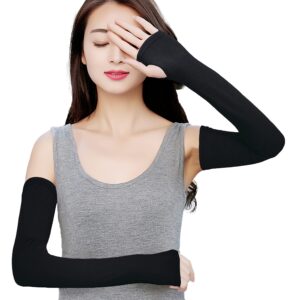 Bellady Women Stretchy Long Arm Sleeves Fingerless Gloves Arm Cover, Black, One Size