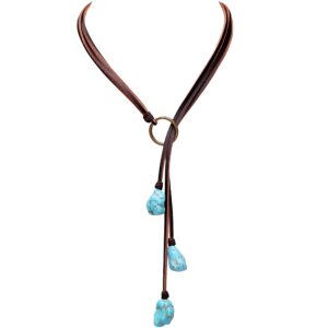 pernnla pearl bohemian synthetic turquoise necklace handmade vintage y-shaped jewelry with genuine flat brown leather