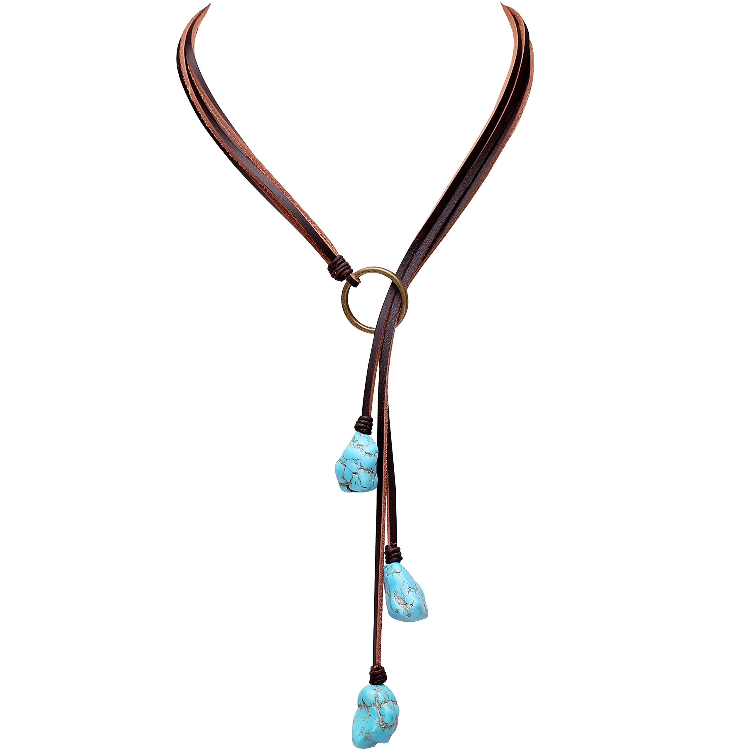 PERNNLA PEARL Bohemian Synthetic Turquoise Necklace Handmade Vintage Y-shaped Jewelry with Genuine Flat Brown Leather