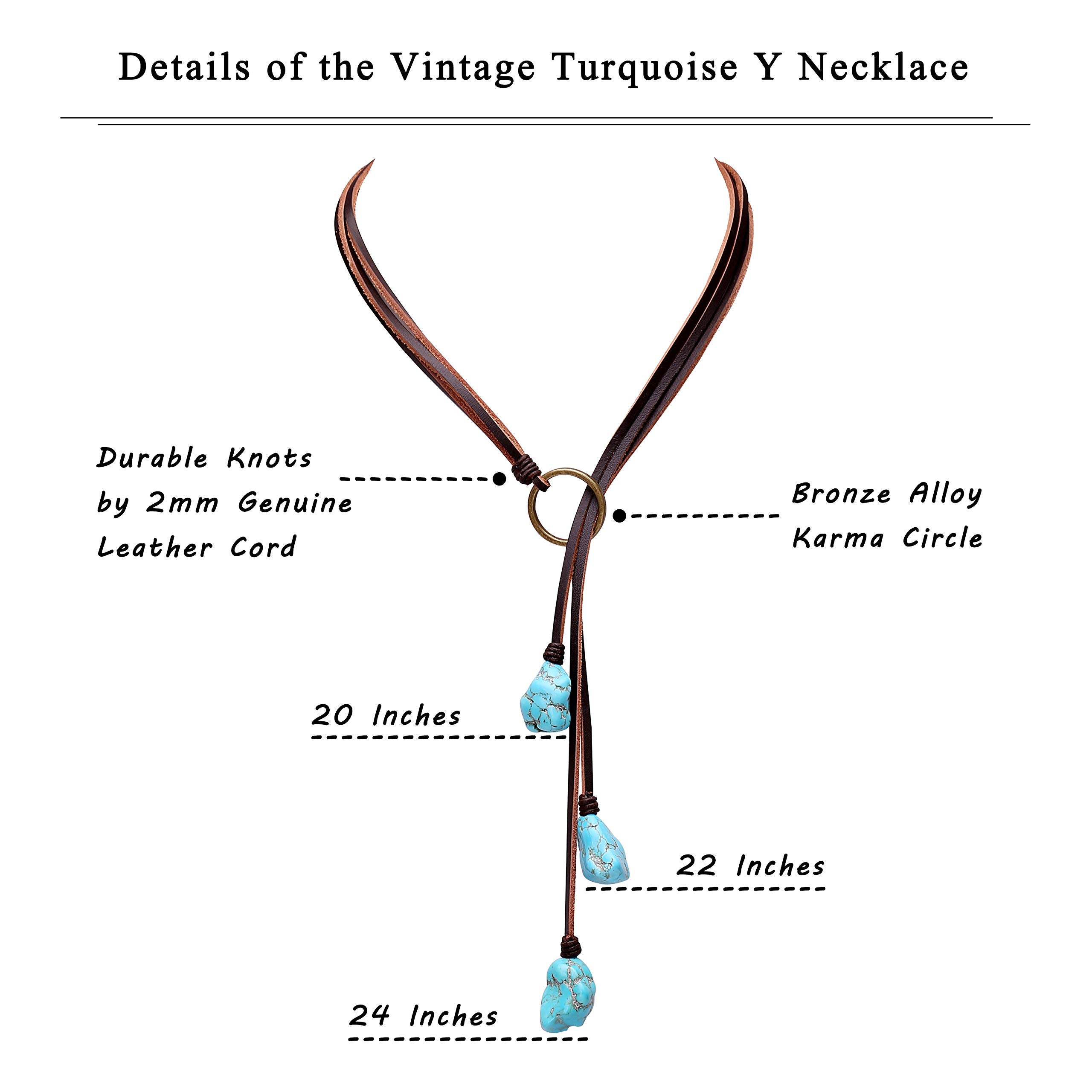 PERNNLA PEARL Bohemian Synthetic Turquoise Necklace Handmade Vintage Y-shaped Jewelry with Genuine Flat Brown Leather