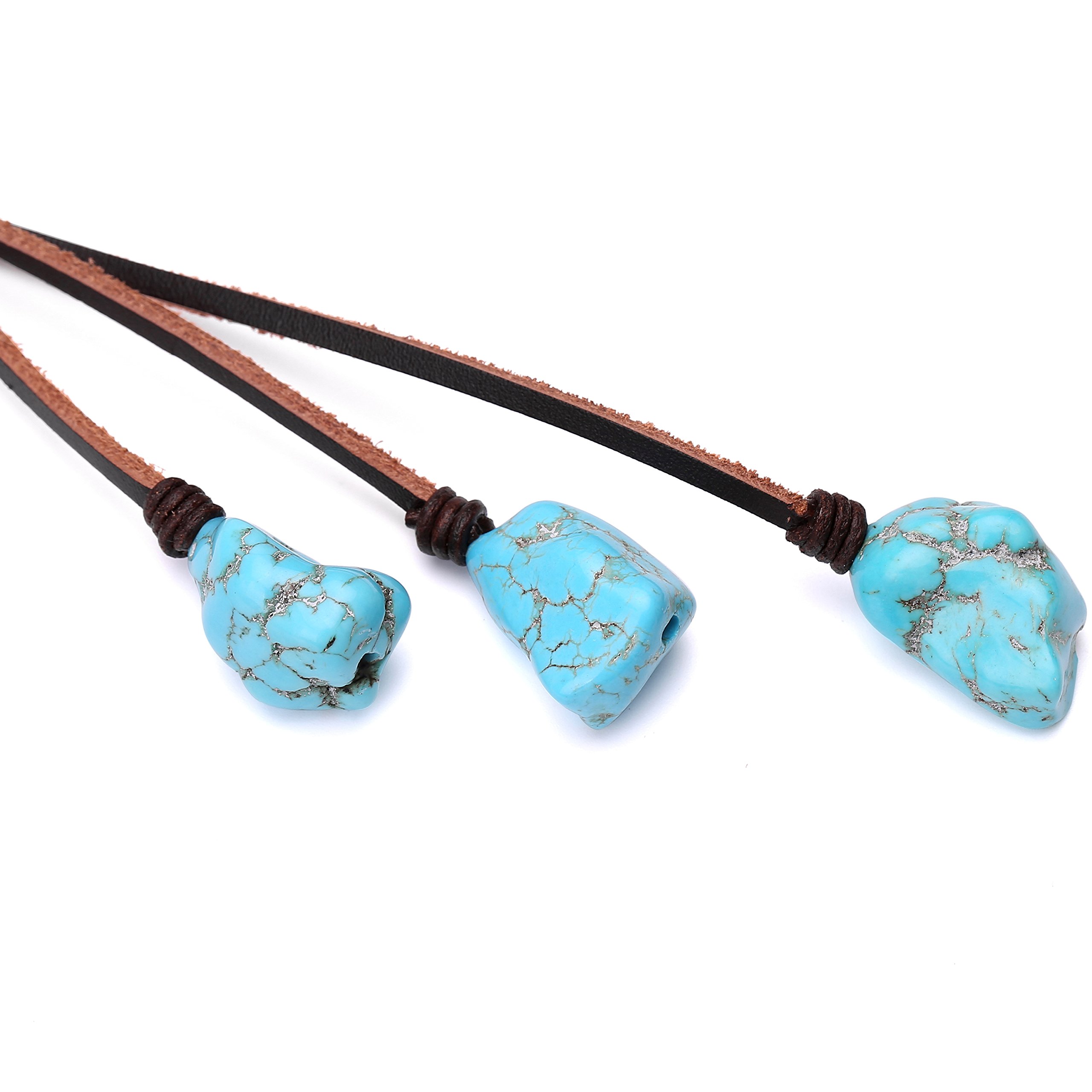 PERNNLA PEARL Bohemian Synthetic Turquoise Necklace Handmade Vintage Y-shaped Jewelry with Genuine Flat Brown Leather