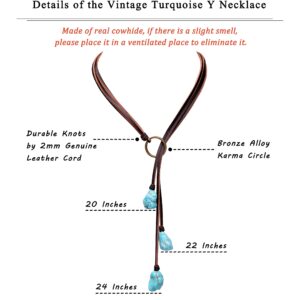 PERNNLA PEARL Bohemian Synthetic Turquoise Necklace Handmade Vintage Y-shaped Jewelry with Genuine Flat Brown Leather