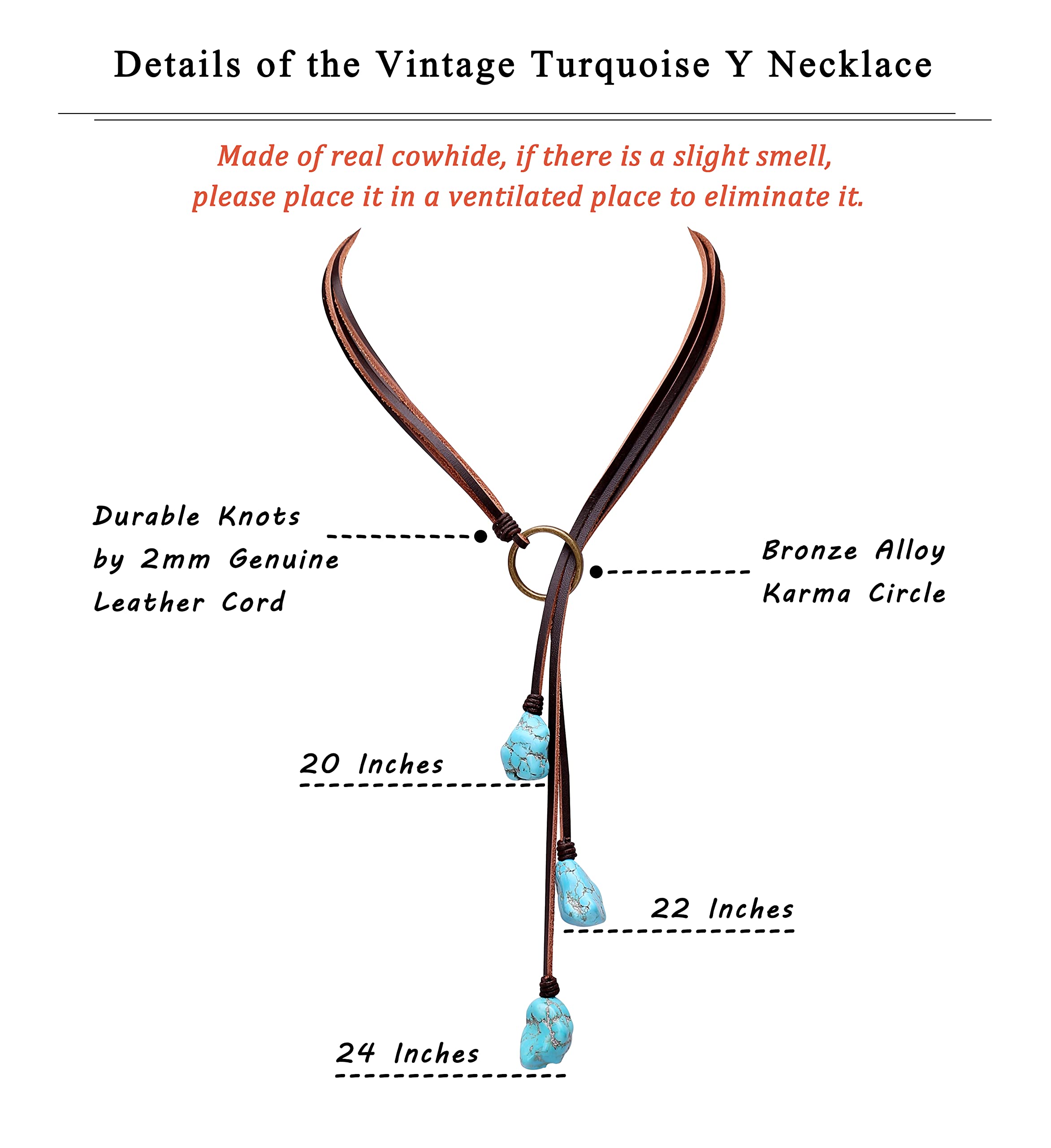 PERNNLA PEARL Bohemian Synthetic Turquoise Necklace Handmade Vintage Y-shaped Jewelry with Genuine Flat Brown Leather