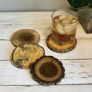 Variety Pack Natural Tree Wood Coasters with Bark (4-Pack) | Coasters For Drinks, Bars, Mancaves, Coffee Tables | Rustic Home Decor