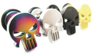 skull metal cutout stud post earrings - new - pair! - four colors to choose from (anodized multi-colored)